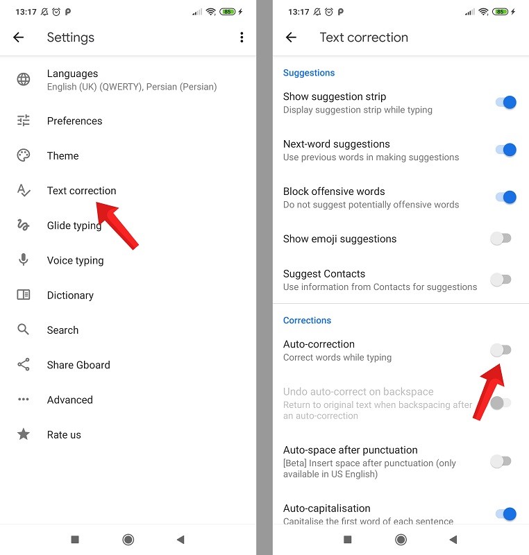 آموزش غیرفعال کردن تایپ خودکار کلمات در کیبورد گوشی های اندروید - ترفند سه